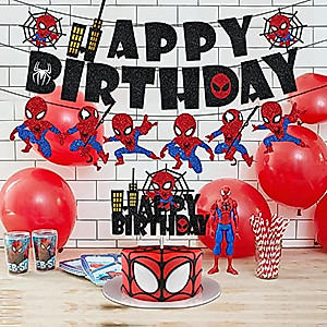 Glittery Spider Hero Birthday Party Banner and Cake Topper Decorations,Red Black Spider Hero Theme Party Decorations Supplies for Kids