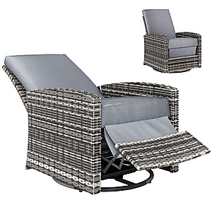 Outsunny Outdoor Wicker Swivel Recliner Chair, Reclining Backrest, Lifting Footrest, 360° Rotating Basic, Water Resistant Cushions for Patio, Grey