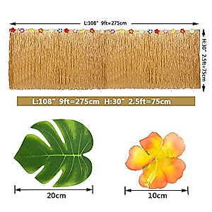 Sharlity Luau Gold Table Skirts for Hawaiian Party Decorations, Luau Party Supplies with 9ft Tropical Raffia Grass Table Skirt, Tiki Palm Leaves and Hibiscus Flowers (1 Pack)