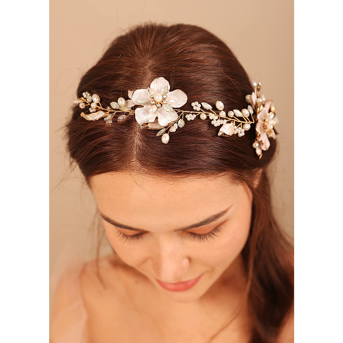 Kercisbeauty Wedding Bridal Gold Headband Women and Girls Flower Hair Piece for Special Occasion Photo Shoot Hair Vine Jewelry