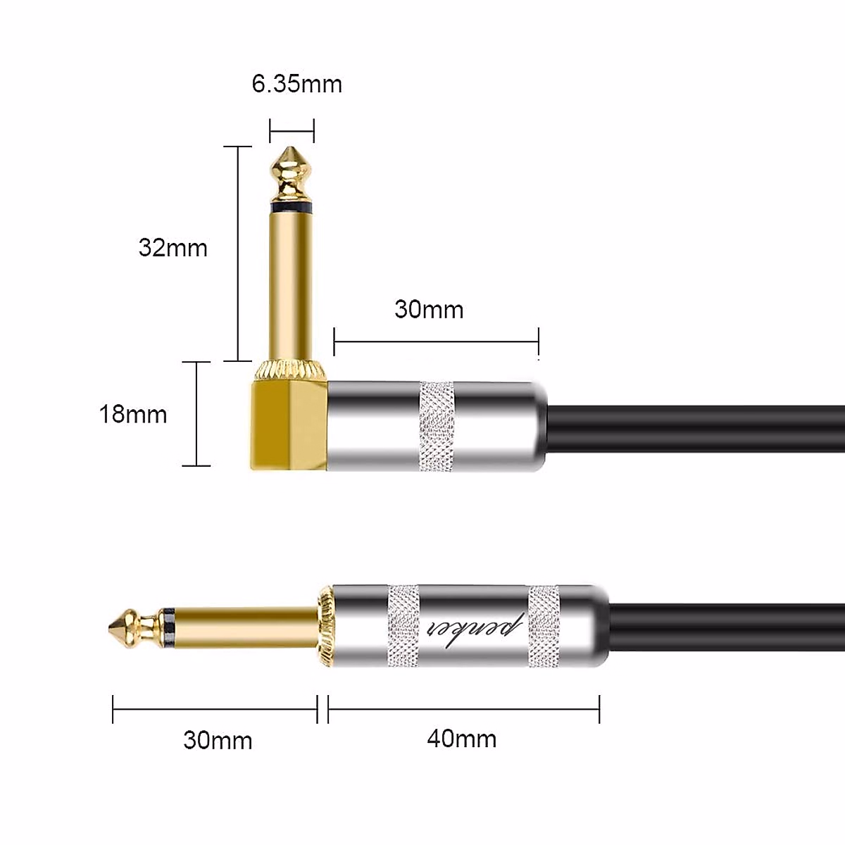 Penker 2 Pack Guitar Instrument Cable 3FT,Right Angle 1/4-Inch TS to Straight 1/4-Inch TS Gold Plated 6.35mm Guitar Cord,1 Meter for Guitar Bass Keyboard Effector Microphone Mixer