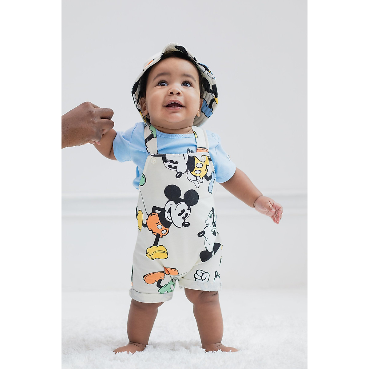 Disney Mickey Mouse Newborn Baby Boys Short Overalls T-Shirt and Hat 3 Piece Outfit Set Khaki/Blue 6-9 Months