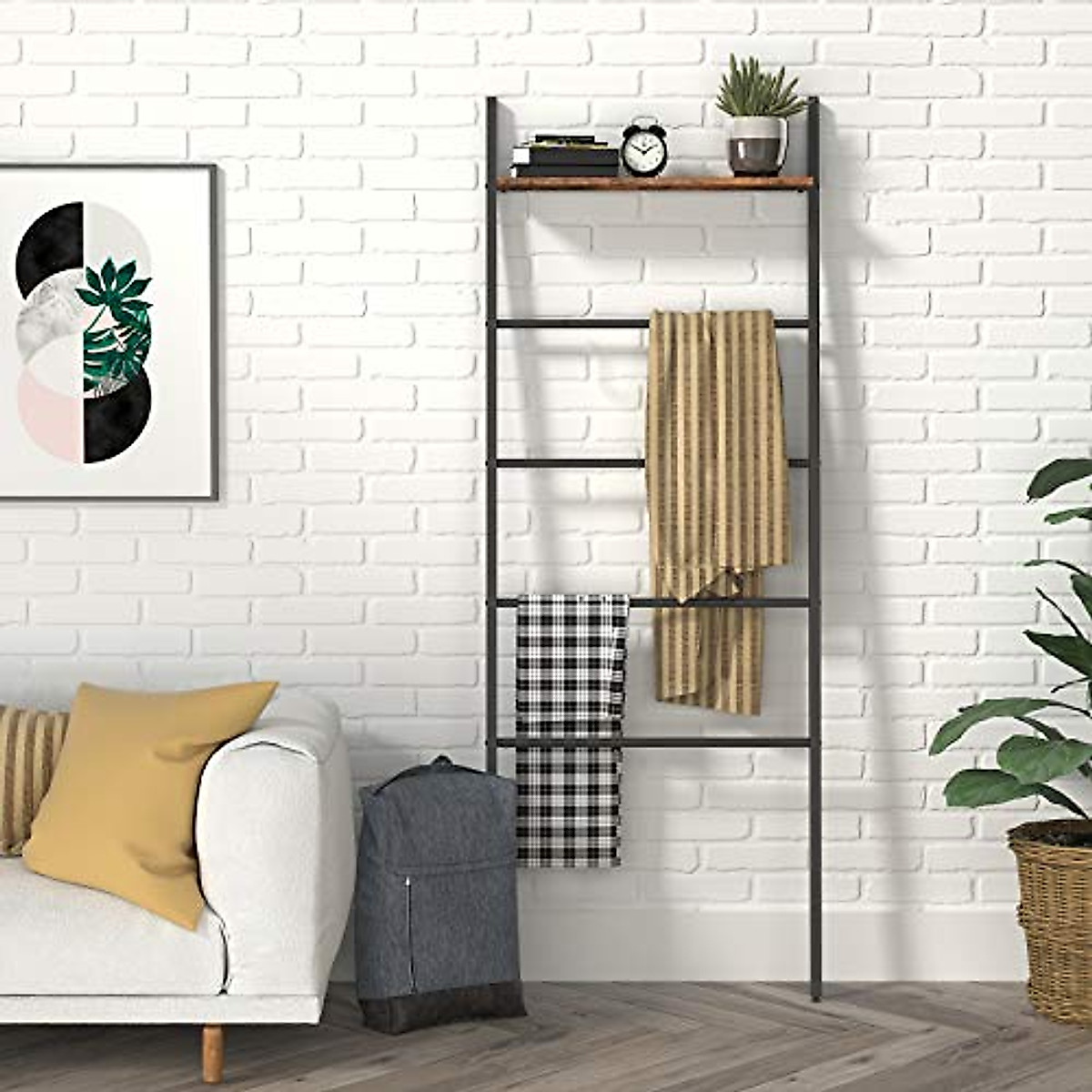 HOOBRO Towel Rack, 5-Tier Blanket Ladder, Wall Leaning Ladder Shelf, Blanket Rack with Shelf, 25.2" Wide Decorative Ladder for Bathroom, Rustic Brown BF73CJ01G1