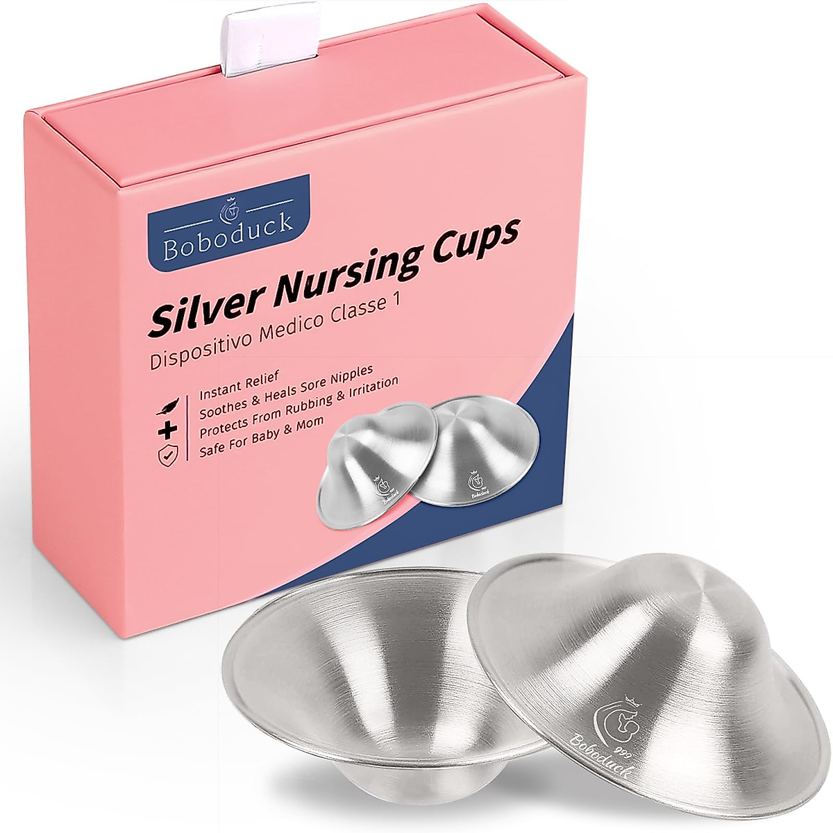 Boboduck The Original Silver Nursing Cups - Nipple Shields for Nursing Newborn, Newborn Breastfeeding Must Haves for Soothe and Protect Your Nursing Nipples - Trilaminate 999 Silver (Regular Size)