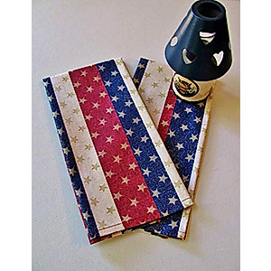 Stars & Stripes Patriotic Kitchen Linens Set (5 Pieces Total) 2 Tea Towels 2 Pot Holders 1 Hotpad Made In USA Patriotic Red Off-White Blue Stars Glitter 100% Cotton Custom Made-To-Order