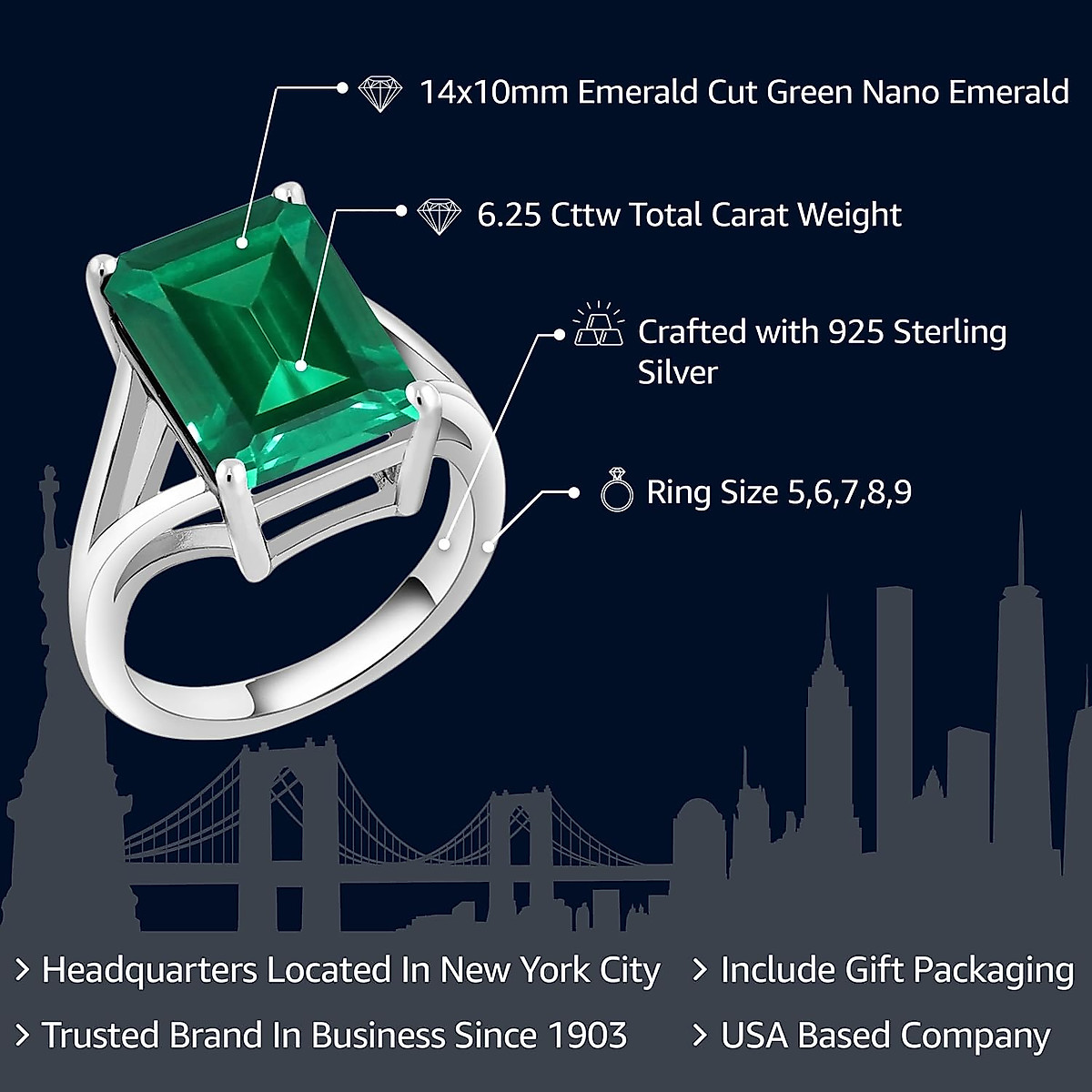 Gem Stone King 925 Sterling Silver Emerald Cut Green Simulated Emerald Engagement Ring | 6.50 Cttw | Wedding Anniversary Promise Ring For Women | Available in size 5-9