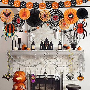 Halloween Hanging Paper Fans Decorations, Orange and Black Halloween Decor.Paper Spider Honeycomb, Hanging Swirls Decorations, Bat Pumpkin Spider Paper Garland for Wall Window Halloween Decorations.