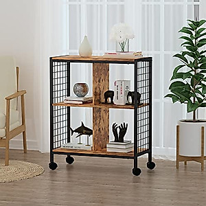 CCKO Bookshelf Storage,Movable Rack Srorage Shelf with Wheels,Nordic Wood Metal 3 Tier Shelving Unit,Open Bookcases for Living Room Bedroom Home Office (Wood)
