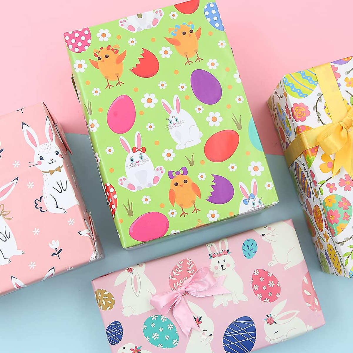 Easter Wrapping Paper,8 Sheets 4 Design Bunny Eggs Chicks Pattern Birthday Gift Wrap,20 x 28inch Cute Wrapping Paper Sheets With Ribbon for Easter Spring Party All Occasion Girls Boys Baby Shower