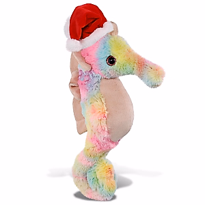 DolliBu Santa Rainbow Seahorse Stuffed Animal Plush Toy - Wild Animal Dress Up with Red Santa Claus Hat, Cute Wildlife Gift, Perfect Holiday with Name Personalization - 15 Inches