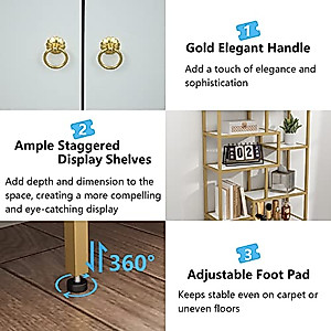 Loomie 8-Open Shelf Bookshelf with Cabinet, 76.77" H Lux Etagere Bookcase, Tall Storage Display Modern Open Book Shelf, Metal Geometric Book Case for Bedroom, Home Office & Living Room, Gold & White