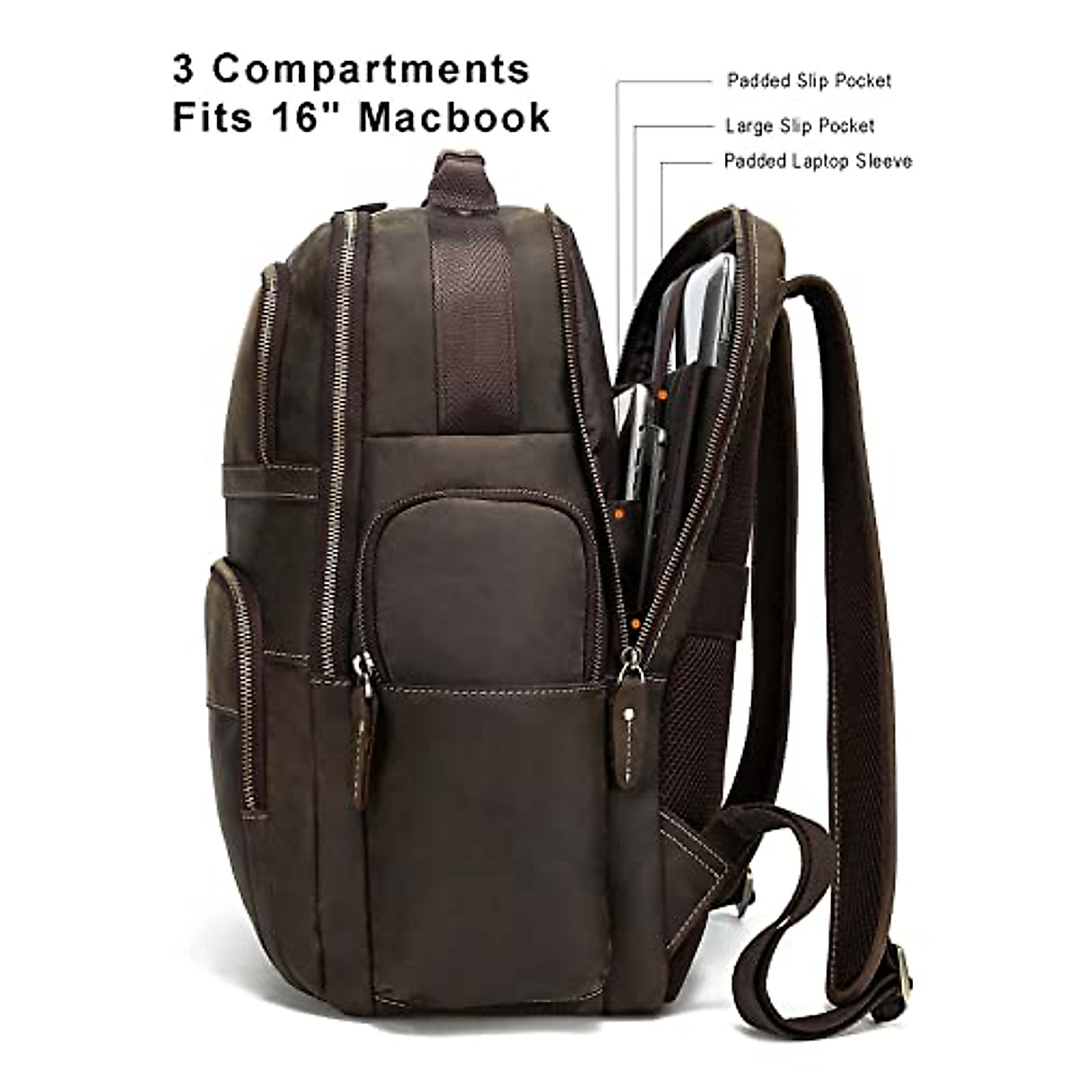 Taertii Full Grain Mens Leather Backpack for 15.6" Laptop Large Capacity 32L Multi Pockets Travel Work Hiking Daypacks