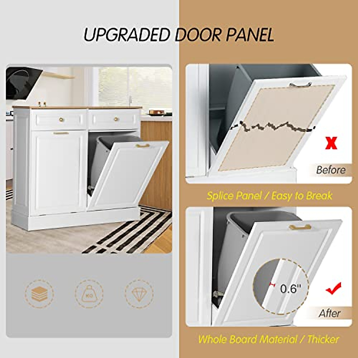 ONG Double Kitchen Trash Cabinets Dual Tilt-Out Trash Bin Can Cabinets with Drawers, Free Standing Hideaway Trash Holder Waste Can Bin for Trash Disposal, Recycle (White)