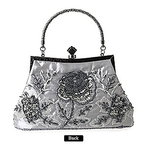 GUOZI Vintage Floral Beaded Rhinestone Embroidery Clutch Sequin Wedding Party Prom Bag Crossbody Evening Handbag for Bridal Ladies (Grey)