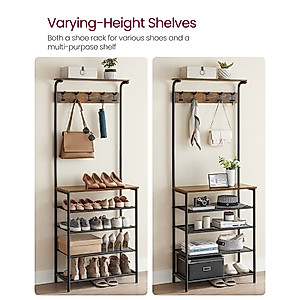VASAGLE Hall Tree with Shoe Bench, Coat Rack Shoe Bench, 5-Tier Shoe Rack Different Heights, 5 Dual Hooks, Top Shelf, Entryway Organizer, Hallway Bedroom Dorm, Rustic Brown and Black UHSR412B01