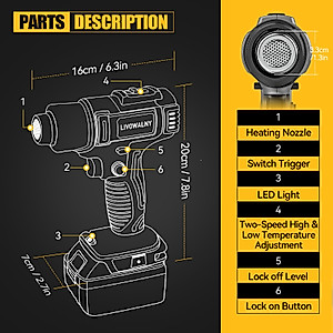 Cordless Heat Gun for Dewalt 20v Battery, LIVOWALNY 350W Fast Heating Soldering Hot Air Gun 122℉-1022℉ Variable Temperature Control with 5 Nozzles for DIY Crafts, Shrink Tubing (No Battery)
