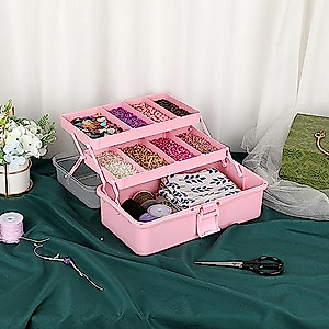 BTSKY 3-Layer Plastic Dividing Storage Box Craft Organizer and Storage with Adjustable Spacers Portable Handled Art Supply Organizer Multipurpose Home Utility Box for Medicine Box Sewing Box Organizer (Pink)