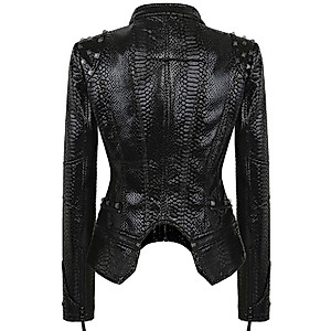 chouyatou Women's Fashion Snake Pattern Print Studded Moto Pu Leather Biker Jacket (X-Small, Black)