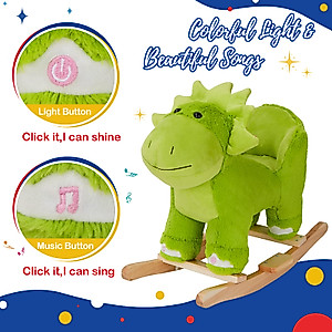 Glow Guards Light up Music Dinosaur Rocking Horse Stuffed Animal Set of 2 with Glowing Singing Dinosaur Plush Toy Wooden Chair Seat Ride on Toys Gift for Ages 1-3 Toddlers Kids Baby (Dinosaur)