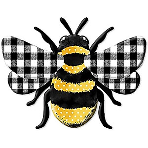 Craig Bachman 12" Metal Embossed Bee Hanger: Plaid Check - Bumblebee Metal Wall Door Hanger Sign