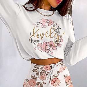 Aniywn Women's Casual 2 Pieces Outfits Solid Long Sleeve Crop Top Printing Bodycon Midi Skirt Dress Tracksuits Set