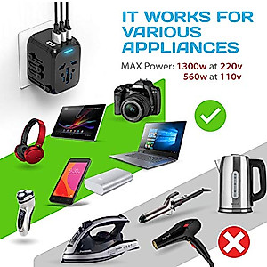 Universal Travel Adapter - International Worldwide Plug Kit, Type C + 3 USB Power Charger, 200 Countries - UK, European, Asia, Israel, India, Italy, Argentina, France, New Zealand, Australia and etc.