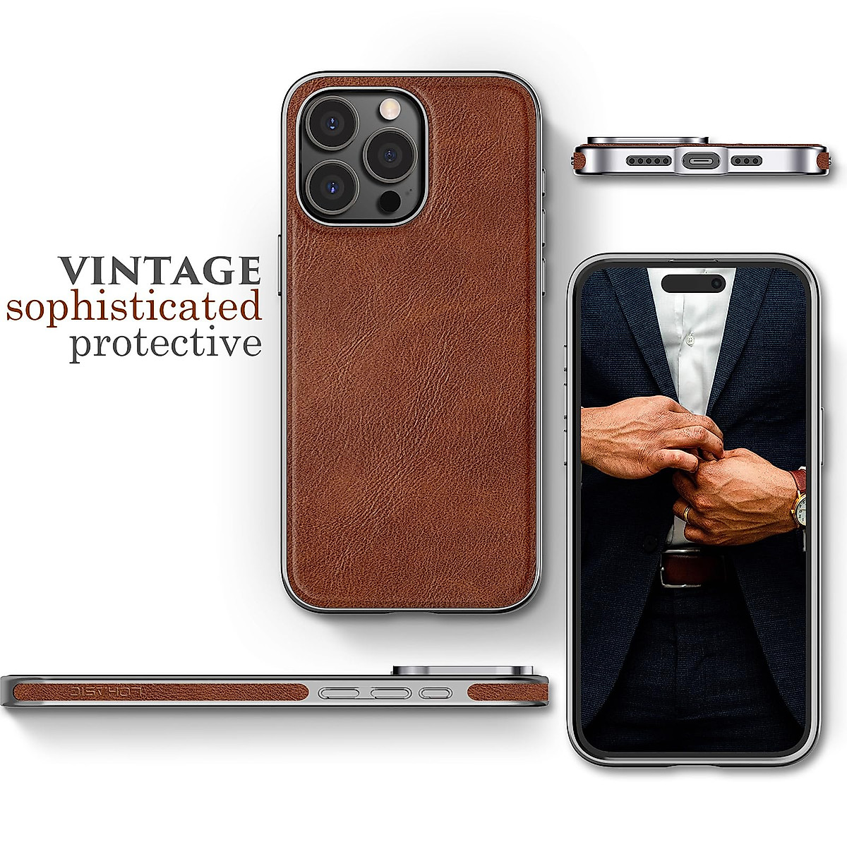 LOHASIC PU Leather Case for iPhone 15 Pro, Luxury Elegant Vintage Phone Cover for Men Women, Anti-Slip Grip Scratch Resistant TPU Bumper, 6.1 Inch, 5G, 2023 - Brown Grey