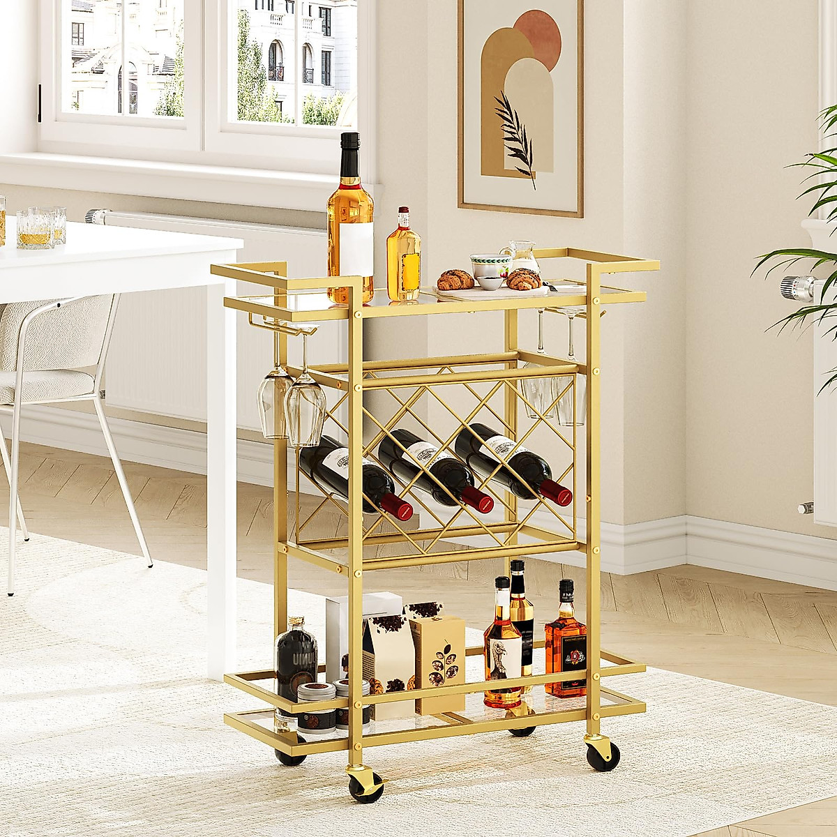 MAHANCRIS Gold Bar Cart, Home Bar Serving Cart, 3 Tier Drink Cart with 7 Wine Bottle Racks, Glass Holders, Beverage Cart on Wheels for Kitchen, Bar, Dining Room, Living Room, Outdoor, Glass, RCJ50B01