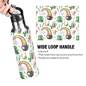 St. Patrick's Shamrock Leprechaun Hat, Pot of Gold, Rainbow on White Stainless Steel Water Bottle, Leak-Proof Vacuum Hot Cold Insulated Mug, Double Walled with Handle Cup Bottle 33.8 Oz