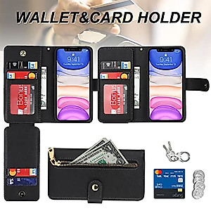 iCoverCase for iPhone 11 Wallet Case with Card Holder, Adjustable Crossbody Lanyard PU Leather Kickstand Card Slots Zipper [Not Detachable] Flip Cover Case 6.1 Inch (Black)