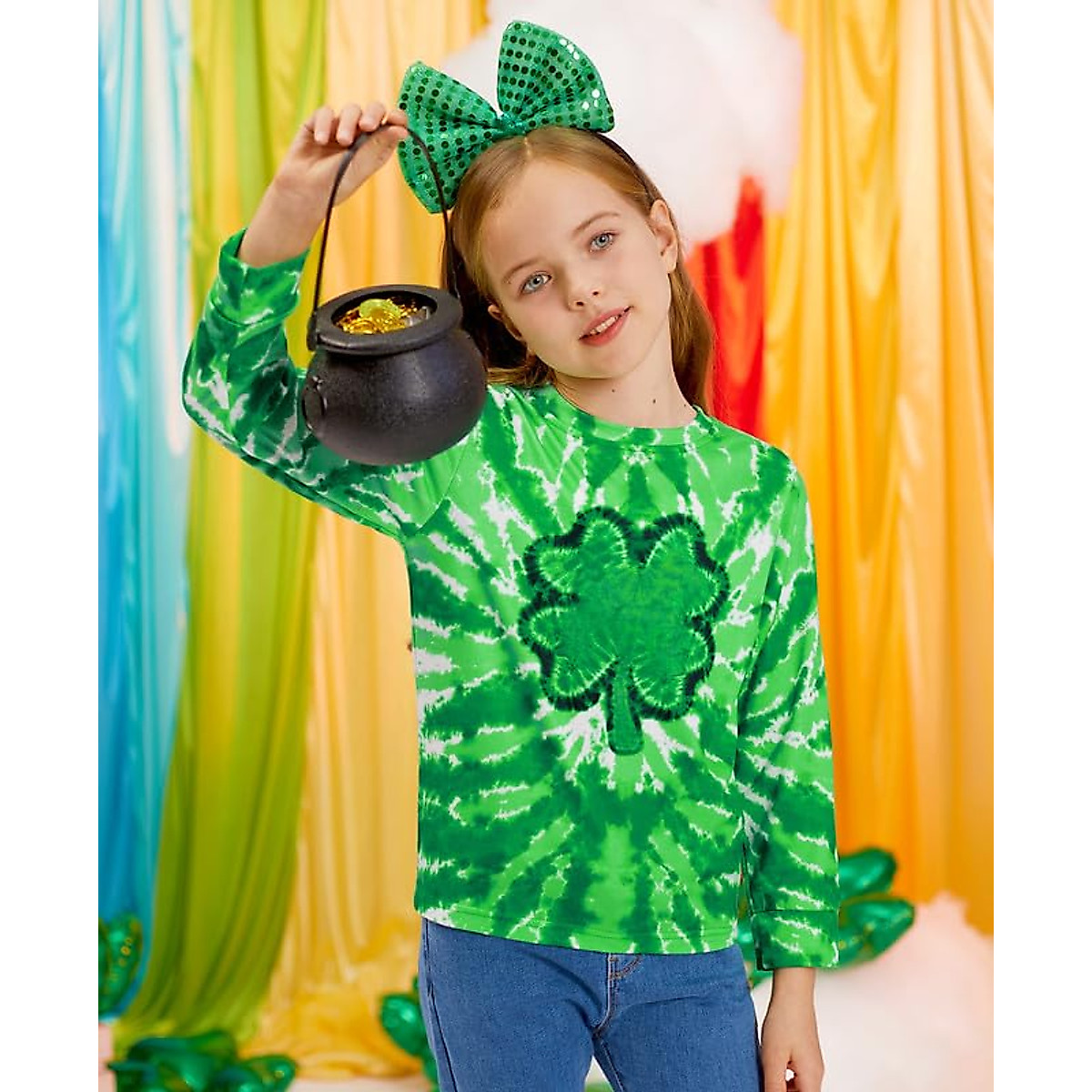 IIMMER Little Boys Girls Fahion St Patty Day Tie Dye Irish Shamrock Long Sleeve Shirt 7-8 Years