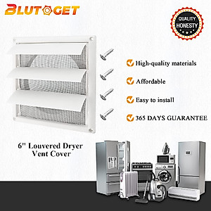 Blutoget 6" Louvered exhaust Vent Cover 8" x 8" Oversize dryer outlet cover for Exterior Wall Vent Hood Outlet Airflow - 6 Inch Vent Cover Exterior with 4 Vent Screen Screw (White)