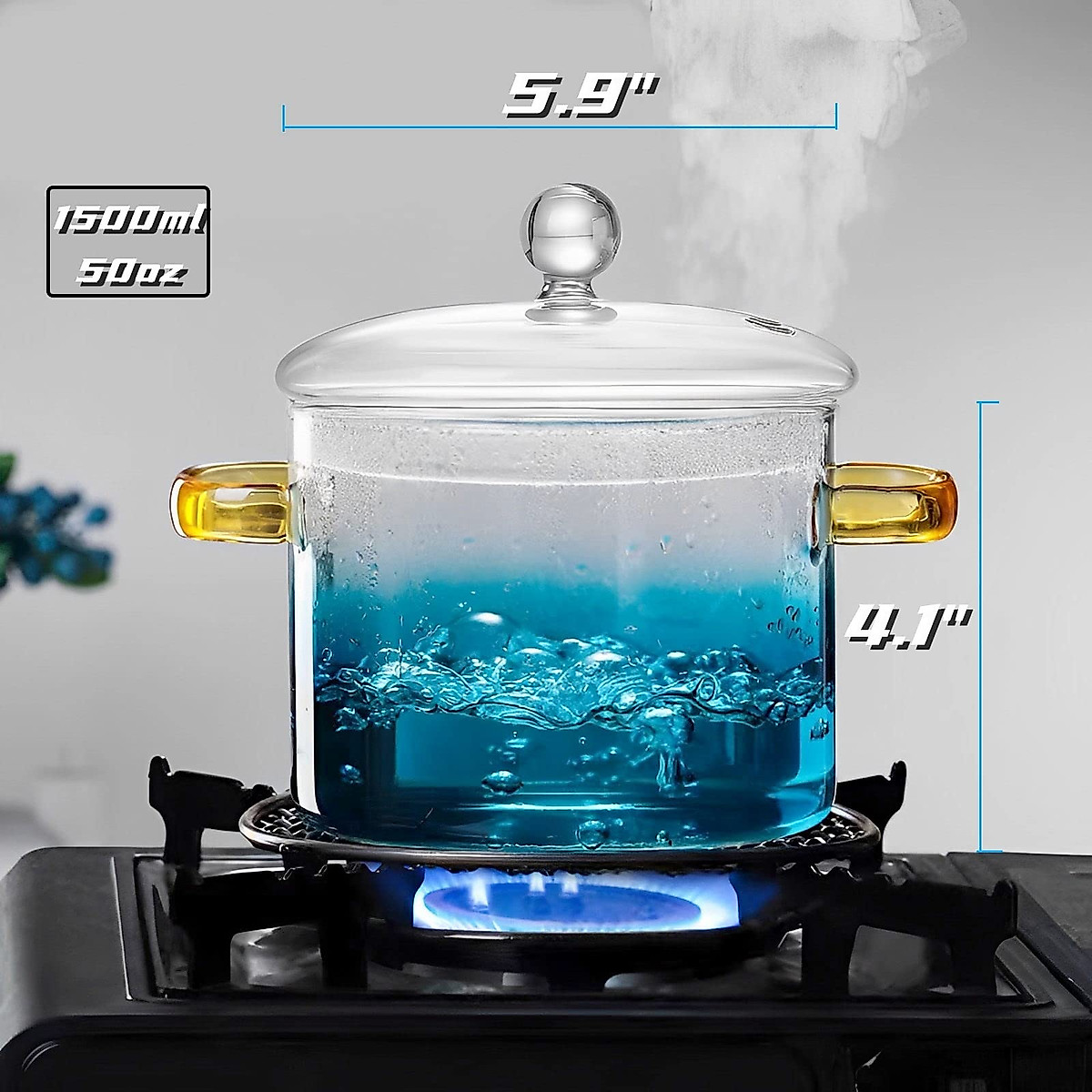 Gradient Blue Glass Pots For Cooking On Stove 1.5L/50oz High Borosilicate Glass Soup Pot with Lids Suitable for Noodles Soup Cook Pasta Milk Baby Food