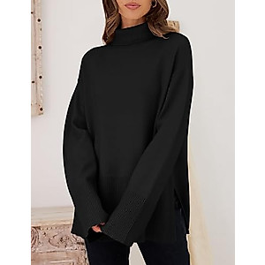ZESICA Women's Turtleneck Sweaters Fall Winter Long Sleeve Oversized Split Hem Knitted Pullover Jumper Sweater Tops,Black,Large