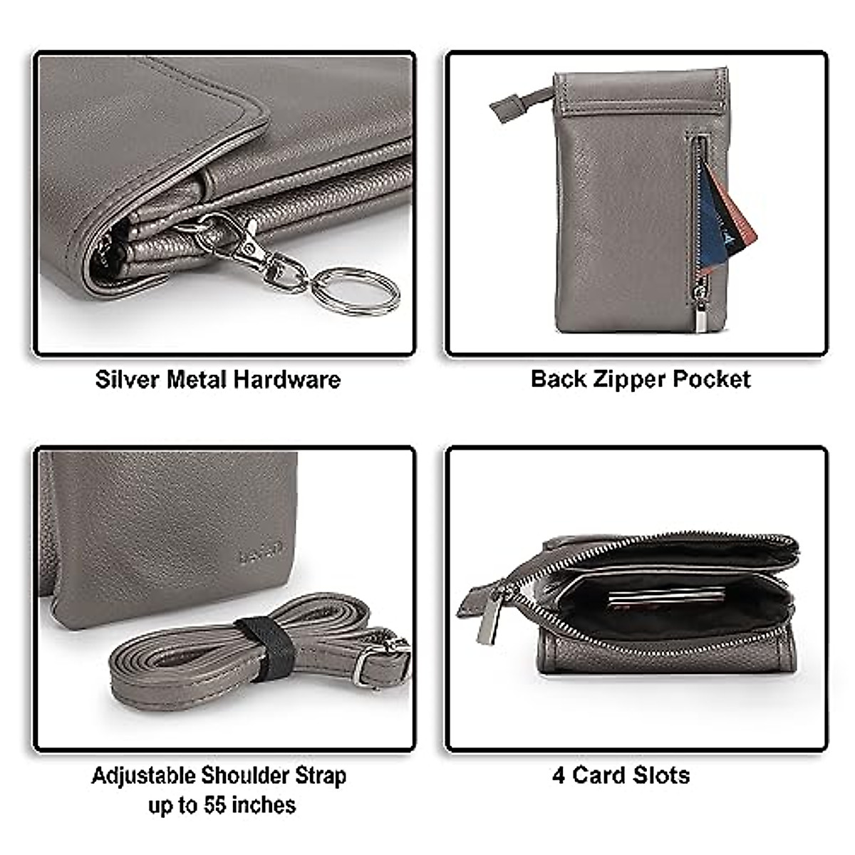 befen Silver Cell Phone Crossbody Wallet Purse, Women Small Leather Crossbody Bag (Metallic Bronze Pewter)