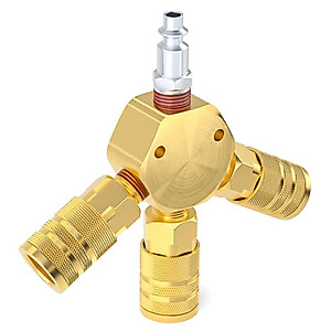 Taisher 3-Way 1/4 Inch NPT Hex Style Air Manifold with 3 Pieces Brass Industrial Coupler and Plug, Air Compressor Hose Accessories Quick Connect Fittings Air Splitter
