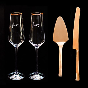 J&A Homes Rose Gold Wedding Cake Knife Server Set and Toasting Flutes - Reception Bride Groom Wedding Party Champagne Glasses Pie Cake Cutting Engagement Gift