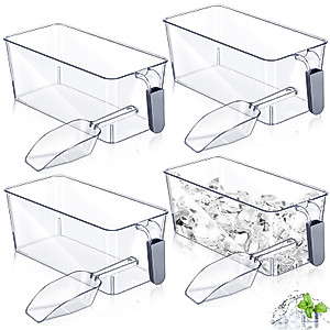 4 Set Clear Plastic Storage Bin with Scoop Clear Freezer Ice Bin with Pull out Handle Ice Container for Freezer Organizer Plastic Utility Ice Scoop Plastic Scoops for Dry Goods Kitchen Fridge Cabinet