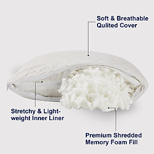 Rotroyce Shredded Memory Foam Pillow Queen Size, Adjustable for Side Back and Stomach Sleepers, Single Pack, Luxury Extra Comfy Bed Neck Pillows with Washable Cover
