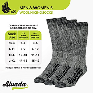 Alvada Merino Wool Hiking Socks Thermal Warm Crew Winter Boot Sock For Men Women 3 Pairs SM