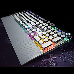 CHICHEN Mechanical Gaming Keyboard,USB Wired,Retro Steampunk Typewriter Keyboard Round Keycaps,Moveable Wrist Rest,for Laptop Desktop PC (Silver-Blue Switches)