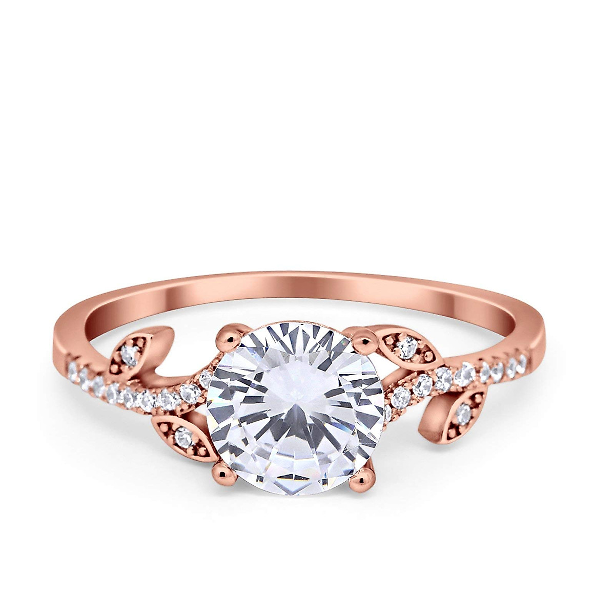 Blue Apple Co. Rose Tone, Simulated Cubic Zirconia Size-6 Leaf Style Art Deco Wedding Engagement Bridal Ring Round CZ 925 Sterling Silver