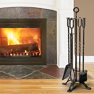 AMAGABELI GARDEN & HOME 5 Pieces Fireplace Tools Sets Wrought Iron Fireplace Set Antique Brass Copper with Poker Tongs Broom Shovel Stand Indoor Fire Place Kit Wood Stove Hearth Accessories Gold