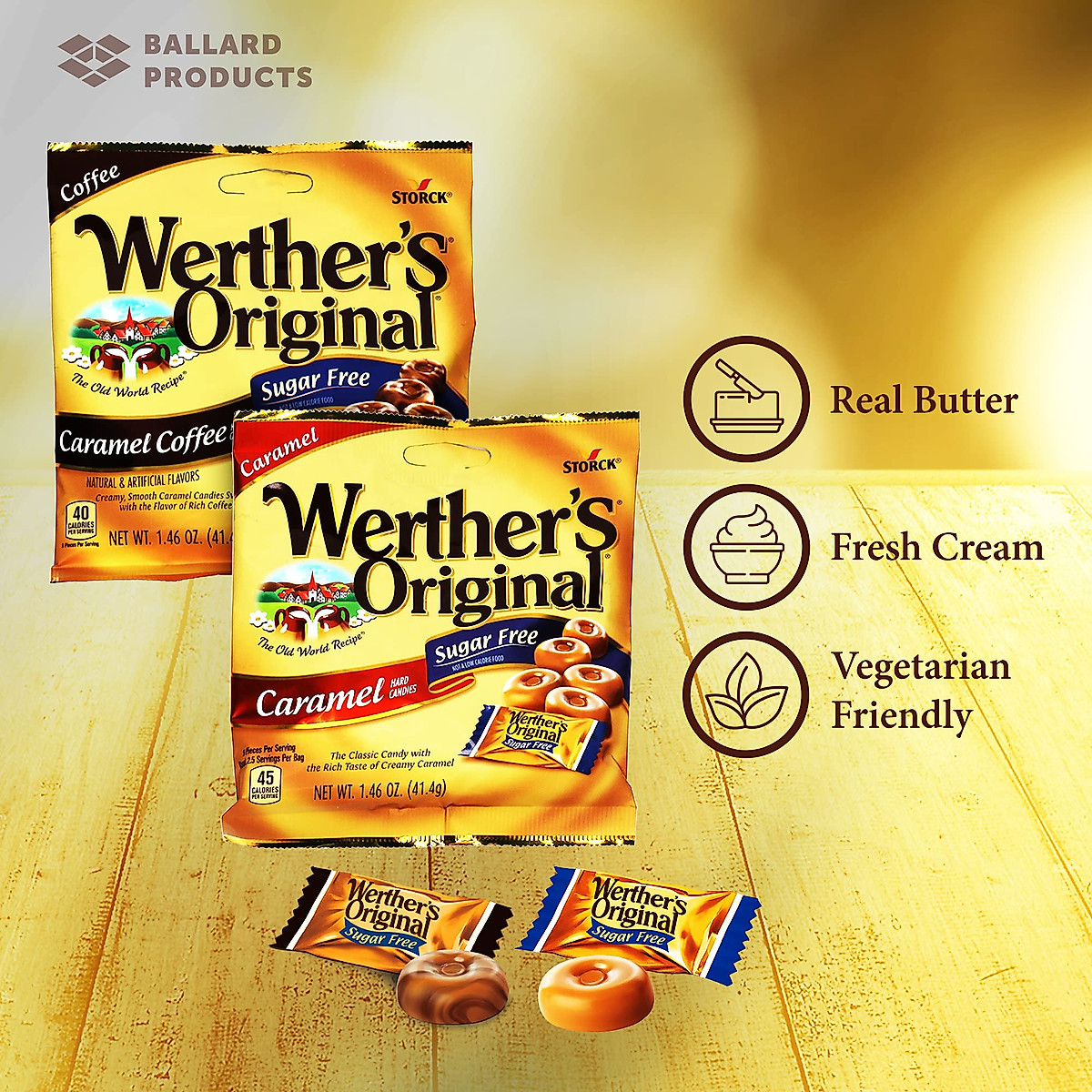 Werthers Sugar Free Hard Candy Variety Pack of 6 - 3 Bags Each Flavor - Original Hard Candy and Caramel Coffee - Individually Wrapped Sugar Free Candy - Bundle with Ballard Products Pocket Bag