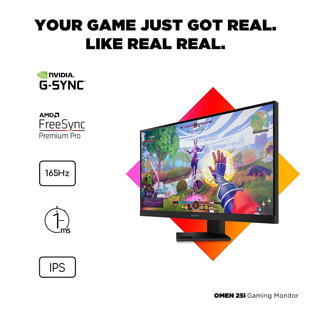 OMEN 25i Gaming Monitor, 1080p IPS FHD Display 165Hz with 1ms VESA HDR 400, NVIDIA G-SYNC Compatible, AMD FreeSync Premium Pro, VESA Mounting, Console Compatible, Eyesafe Screen (Renewed), Black