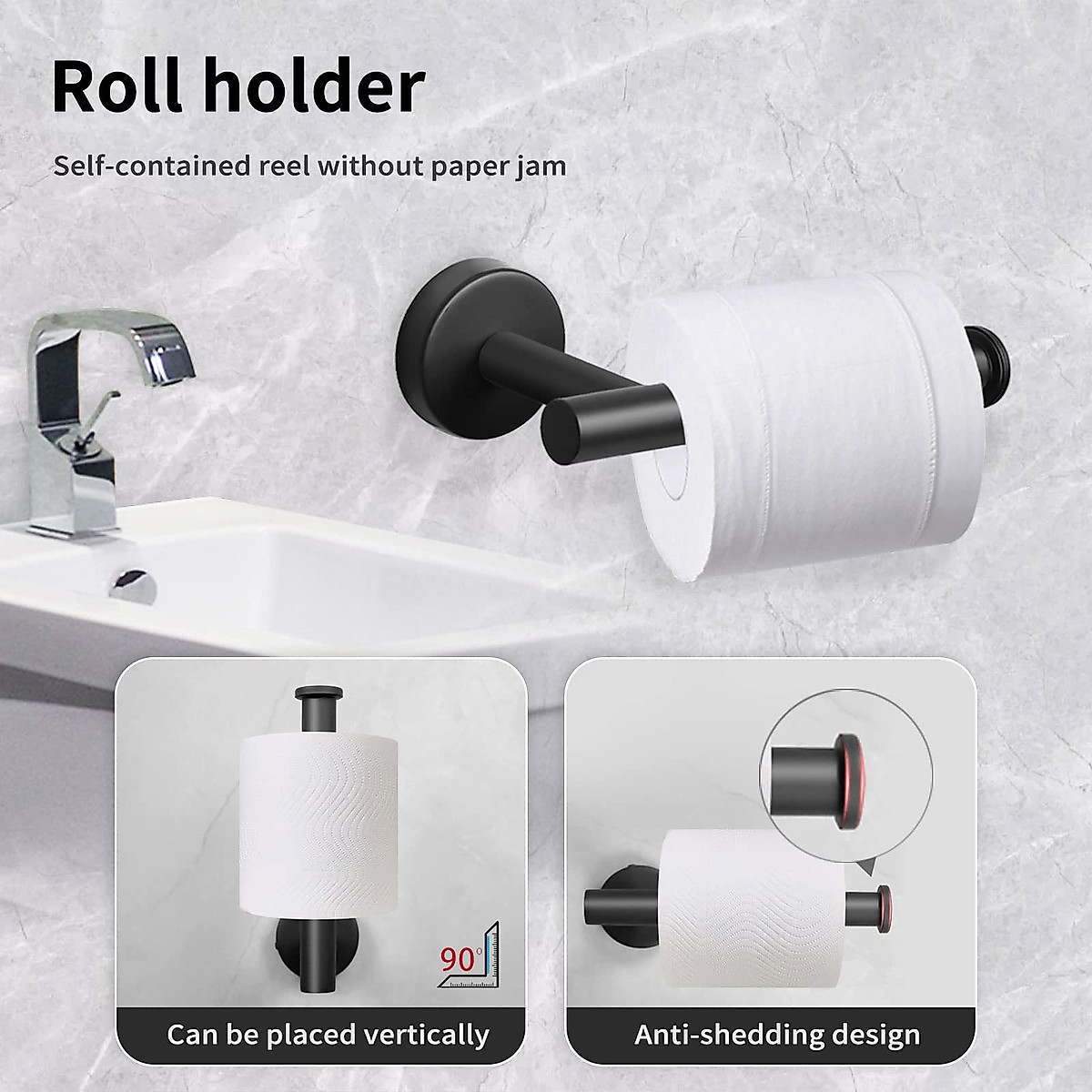 23.6 in Towel Bar Set, 5 Piece Matte Black Stainless Steel Bathroom Hardware Set Include Towel Bar, Toilet Paper Holder, Towel Ring, 2 Robe Towel Hooks, Bathroom Accessory kit