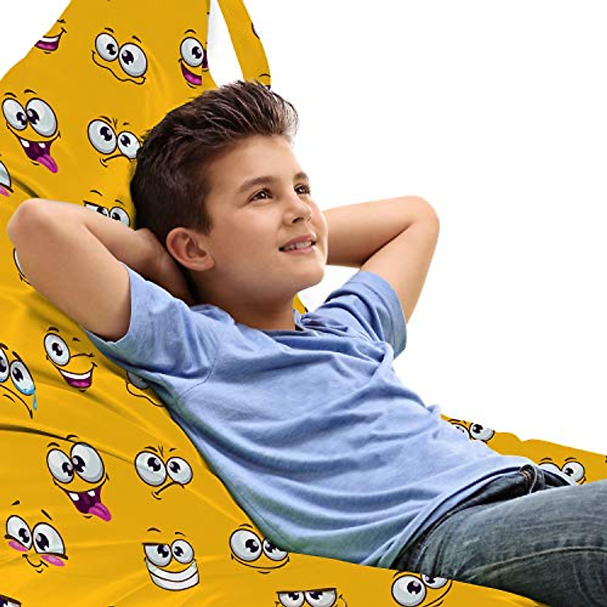 Lunarable Funny Lounger Chair Bag, Comic Cartoon Faces Smiling Crying Angry Facial Gestures Characters Graphic, High Capacity Storage with Handle Container, Lounger Size, Orange Pink White