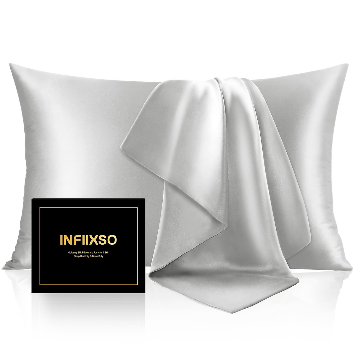 INFIIXSO Mulberry Silk Pillowcase for Hair and Skin, Silk Pillow Cases Standard Size Set of 2 with Hidden Zipper 20x26 Inches, Ultra Smooth Cooling Pillow Cases for Hot Sleepers(Light Grey,2 Pack)