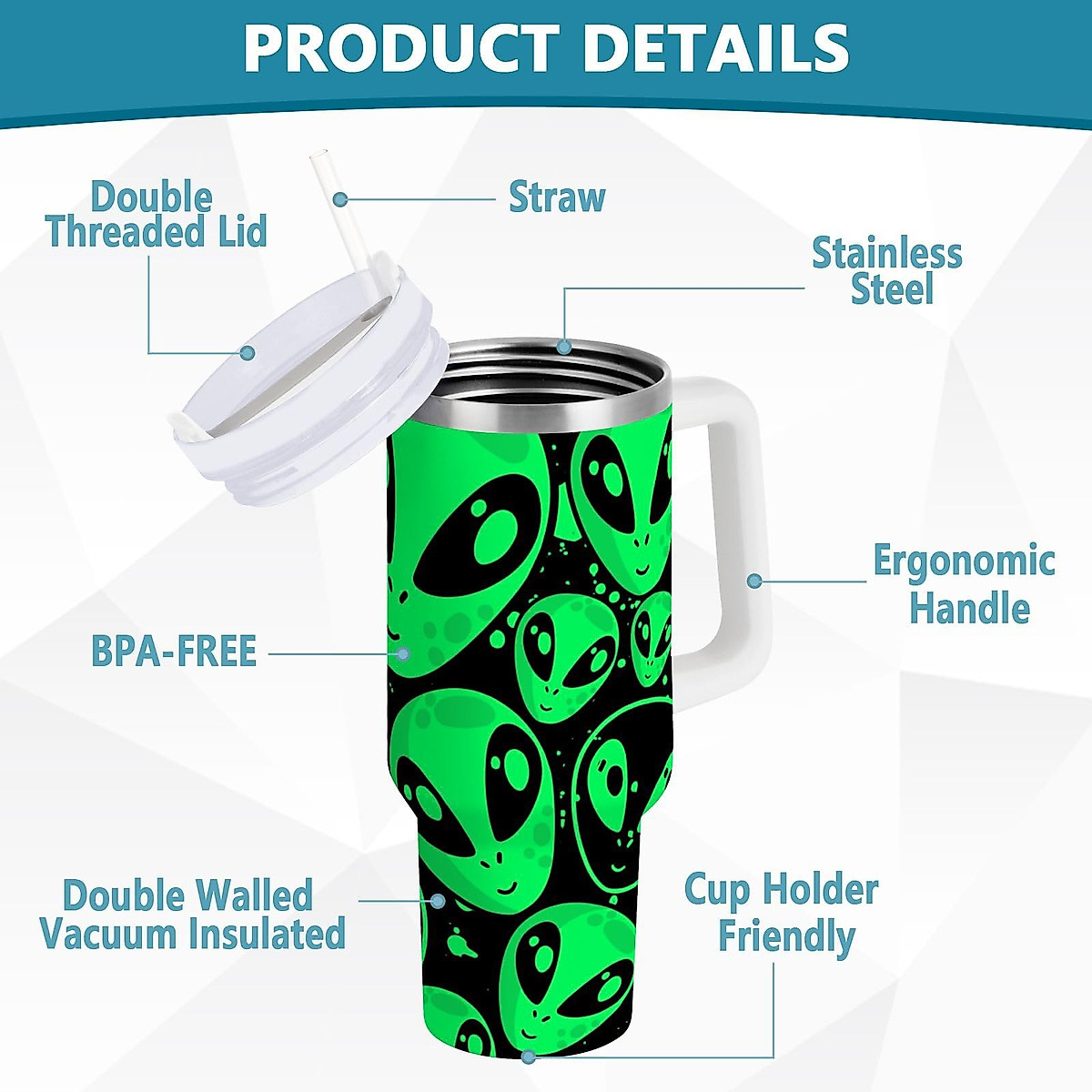 ARGTILDN 40 oz Tumbler Green Space Alien Insulated Travel Mug with Handle and Straw Lid Stainless Steel Vacuum Coffee Cup Tea Beverage Container Water Bottles for Car Sports office