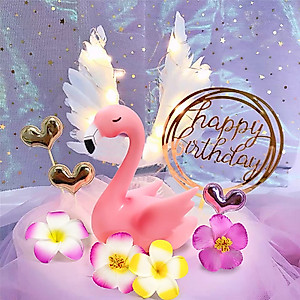 Mity rain 7pcs Flamingo Cake Toppers, Flamingo Palm Leaves Hibiscus Flowers Hawaiian Luau Cake Decorations for Tropical Theme Birthday Party Supplies